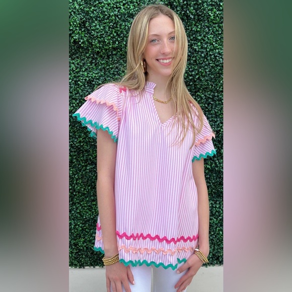 entro | Tops | Entro Ric Rac Flutter Sleeve Pink Pin Stripe Vneck ...